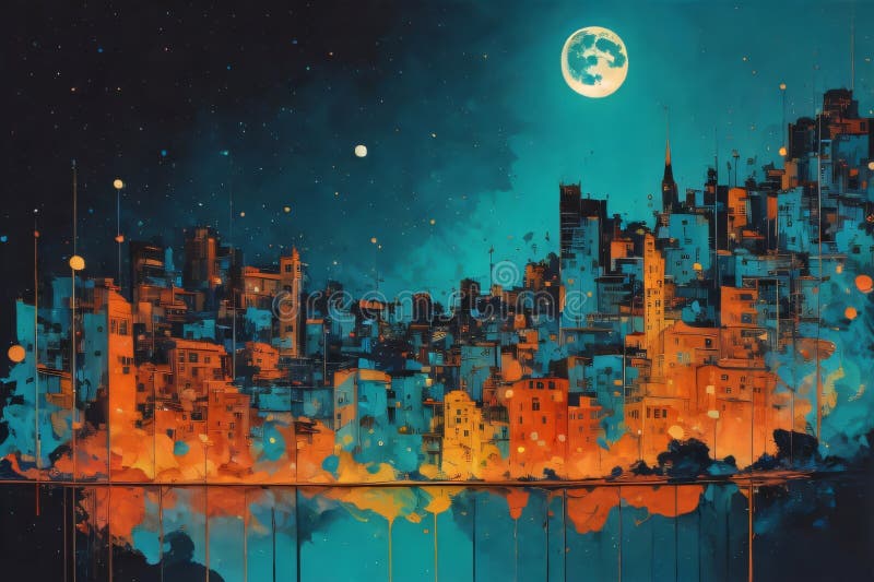 Cityscape in the Moonlight. Stock Vector - Illustration of file, leaves ...