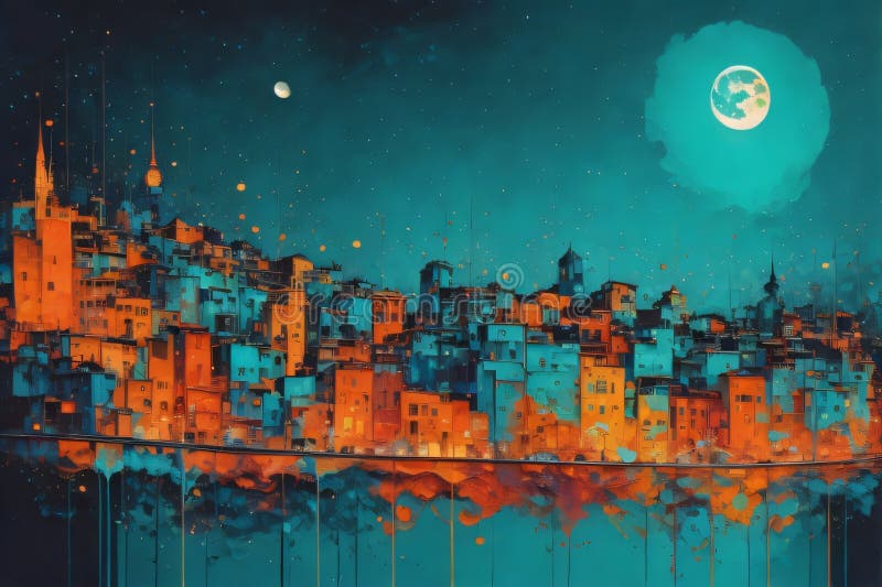Cityscape Under Moonlight in Abstract Impressionist Style Stock ...