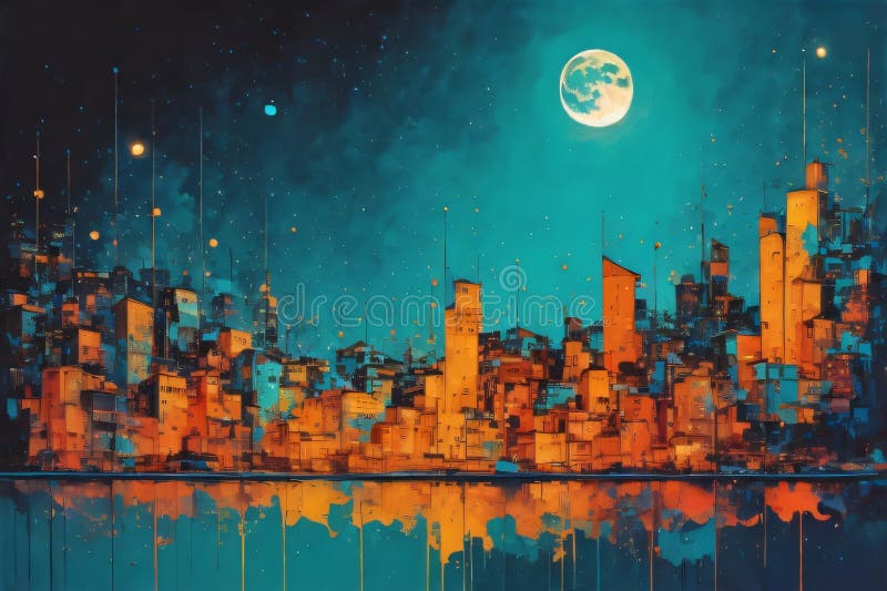 Cityscape Under Moonlight in Abstract Impressionist Style Stock ...