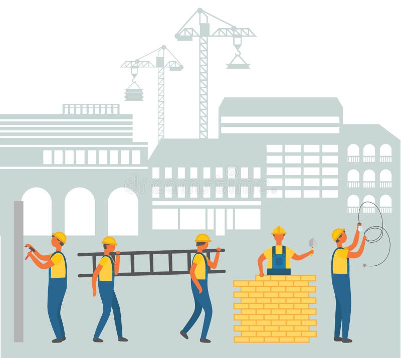 Team of Workmen on Construction Area Cityscape Stock Vector ...