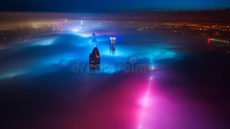The Cityscape, Veiled in Night Mist, Features Buildings that Glow Stock ...