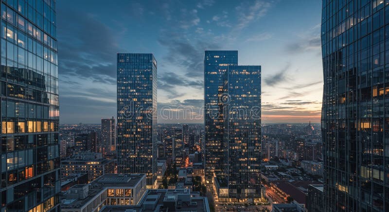 Cityscape View at Dusk Featuring Modern Skyscrapers with Glass Facades ...