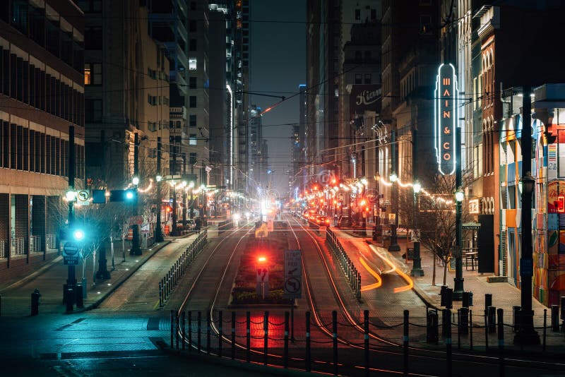 Cityscape View of Main Street at Night, in Houston, Texas Editorial ...