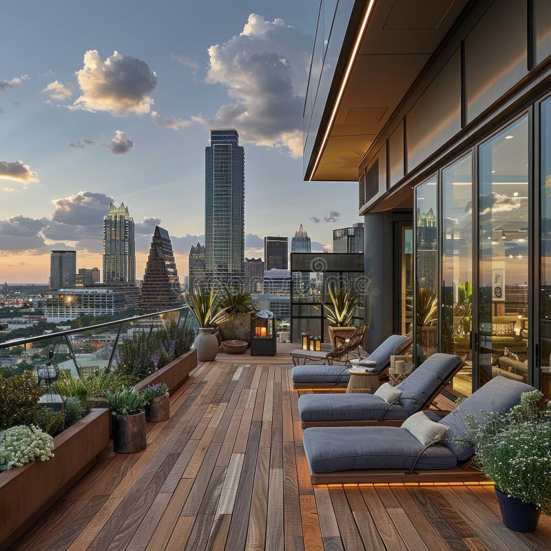 Cityscape View from Rooftop Terrace with Loungers, Plants, and a Fire ...