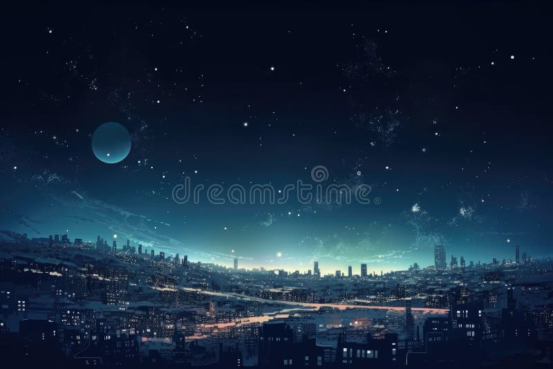Cityscape, with View of the Starry Night Sky and Distant Planets Stock ...