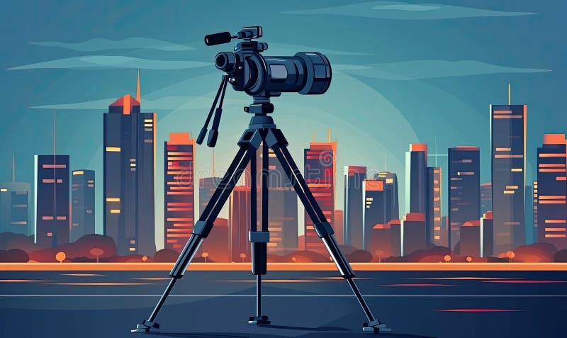 Cityscape View at Sunset with Camera on Tripod Stock Illustration ...
