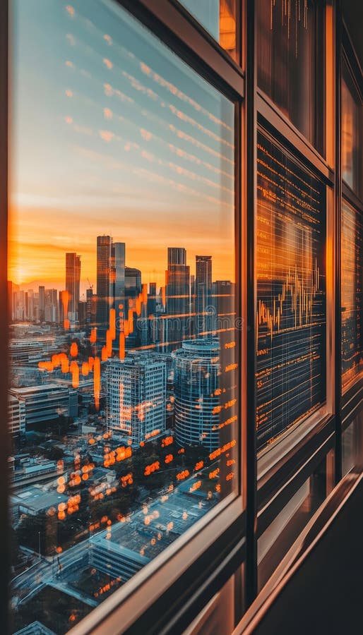 Cityscape View at Sunset, Urban Skyline through Window Reflection ...