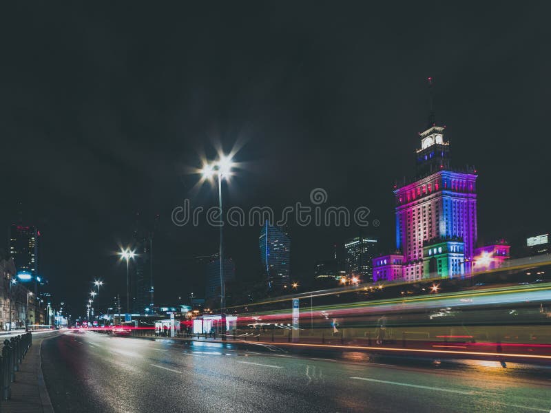 Cityscape of the Warsaw City by Night with Light Trails Stock Photo ...