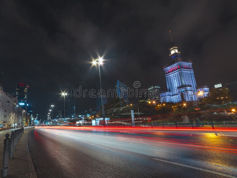 Cityscape of the Warsaw City by Night with Light Trails Stock Image ...
