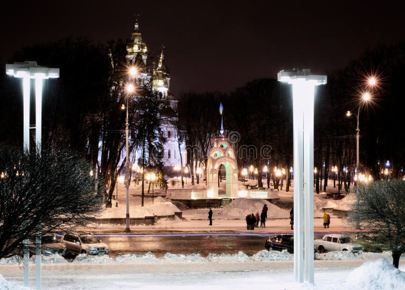 Cityscape in Winter Window in Old House Stock Image - Image of night ...