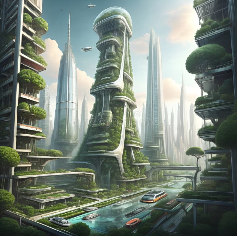 Ciudad Futurista Con Rascacielos Y Edificios Altos Stock de ilustración - Ilustración de arte ...