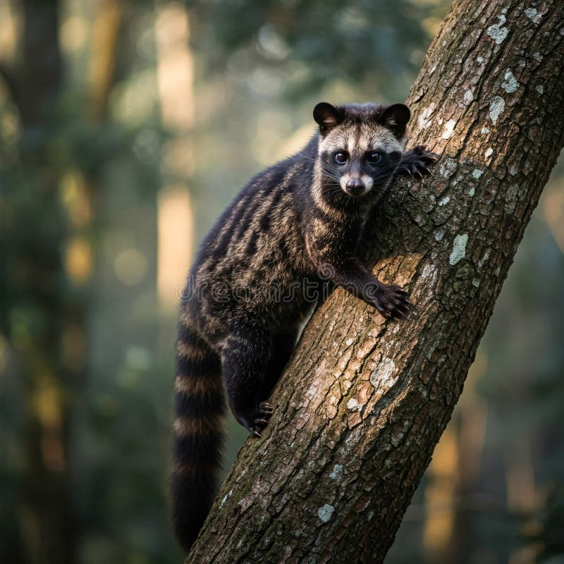 Civet Cat Climbing a Tree Trunk. Stock Photo - Image of tree, trunk ...
