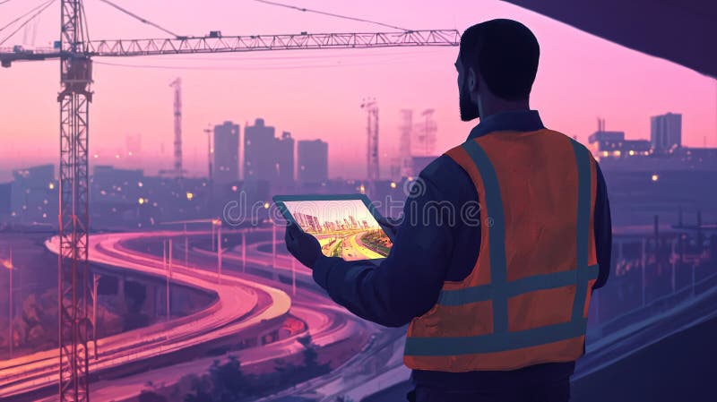 Civil Engineer Analyzes Construction Progress from Elevated Site ...