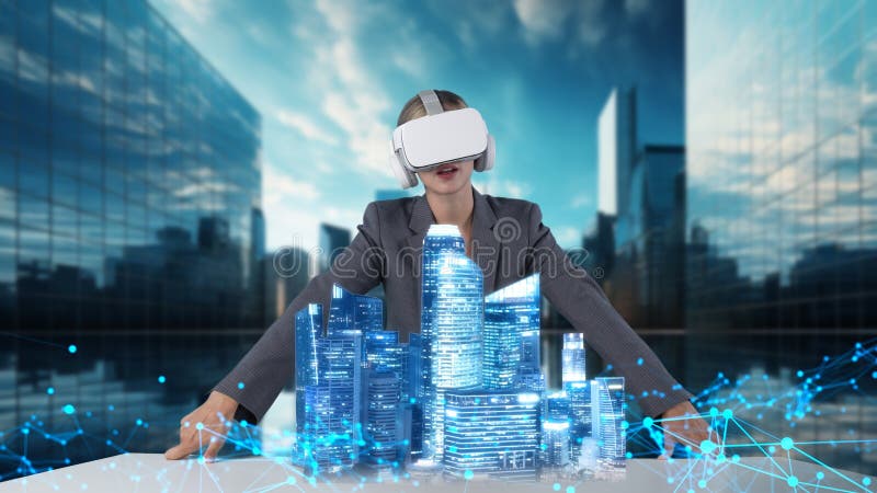 Civil Engineer Analyzing Tower Skyscraper Hologram Graphic Via VR ...