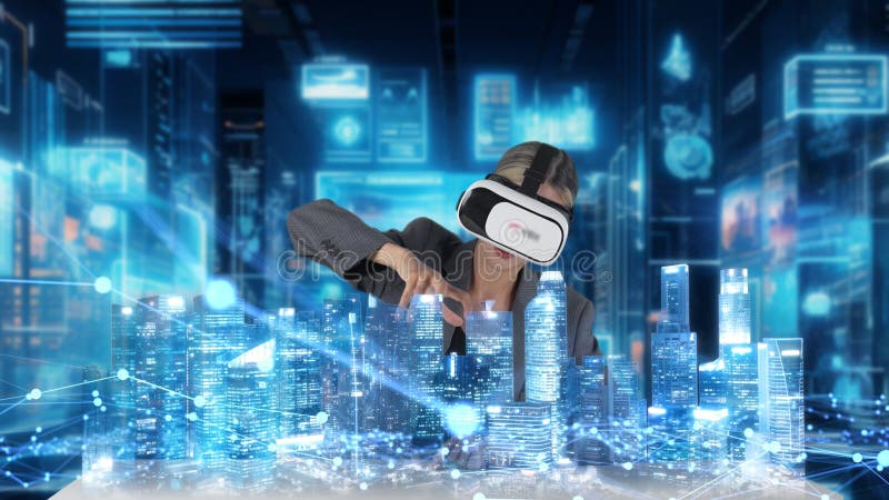 Civil Engineer Analyzing Tower Skyscraper Hologram Graphic Via VR ...