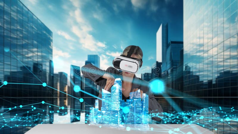 Civil Engineer Analyzing Tower Skyscraper Hologram Graphic Via VR ...