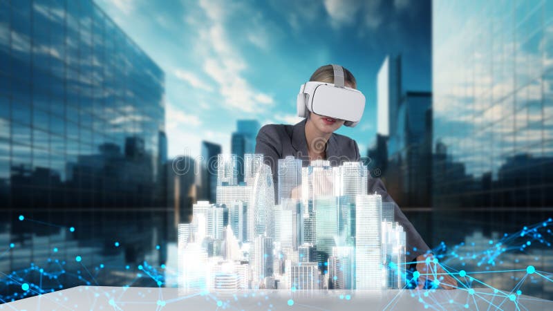 Civil Engineer Analyzing Tower Skyscraper Hologram Graphic Via VR ...