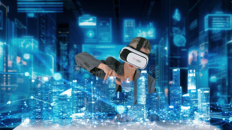 Civil Engineer Analyzing Tower Skyscraper Hologram Graphic Via VR ...