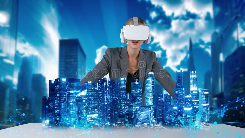 Civil Engineer Analyzing Tower Skyscraper Hologram Graphic Via VR ...