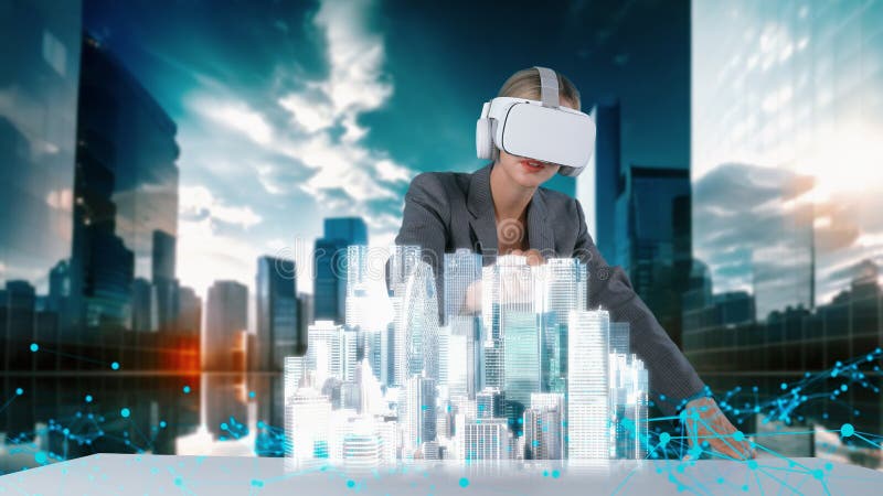 Civil Engineer Analyzing Tower Skyscraper Hologram Graphic Via VR ...