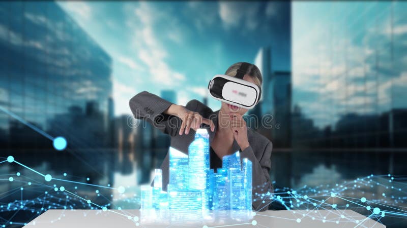 Civil Engineer Analyzing Tower Skyscraper Hologram Graphic Via VR ...