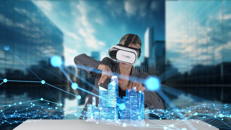 Civil Engineer Analyzing Tower Skyscraper Hologram Graphic Via VR ...
