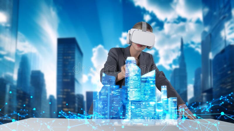 Civil Engineer Analyzing Tower Skyscraper Hologram Graphic Via VR ...