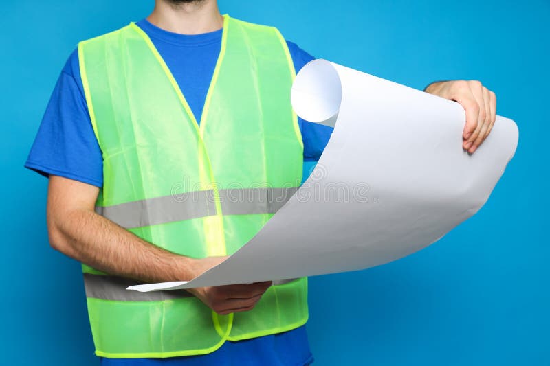 Civil Engineer with Blueprints on Blue Background Stock Photo - Image ...
