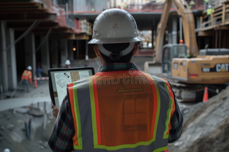 Civil Engineer Checking Blueprint while Standing at Construction Site ...