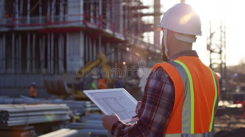 Civil Engineer Checking Blueprint while Standing at Construction Site ...