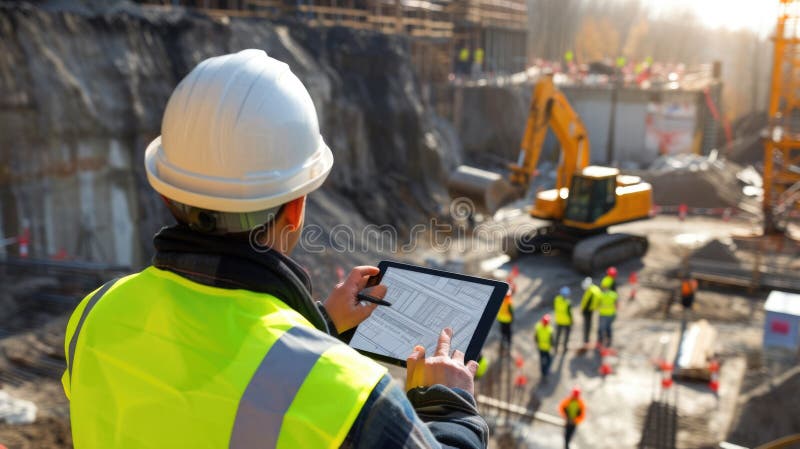 Civil Engineer Checking Blueprint while Standing at Construction Site ...