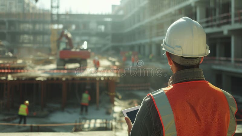 Civil Engineer Checking Blueprint while Standing at Construction Site ...