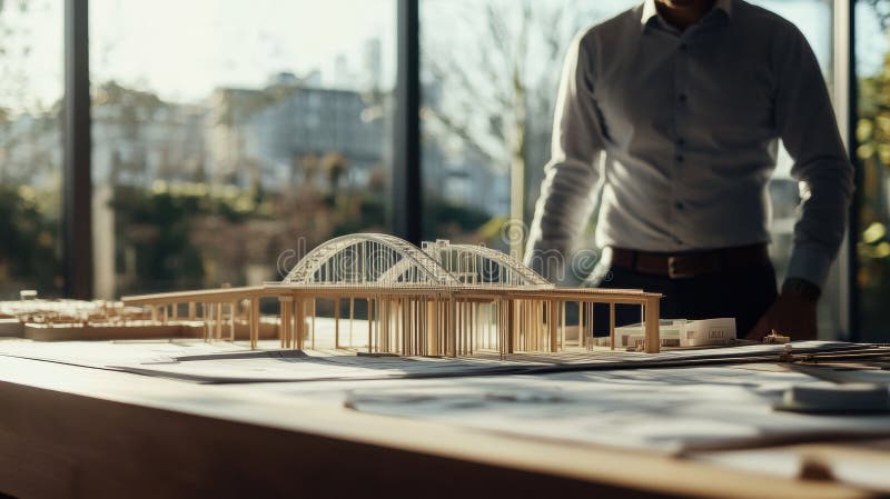 Civil Engineer Evaluates Bridge Model Design in Modern Workspace during ...