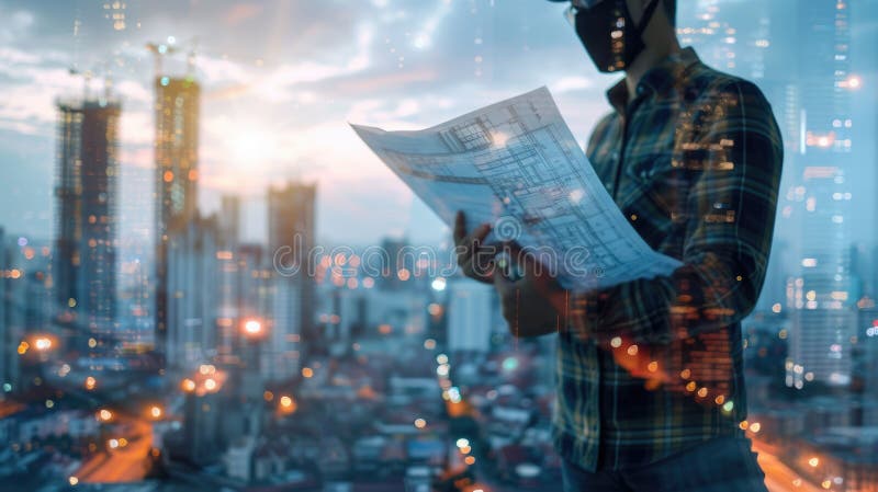 Civil Engineer Holding Project Plan with Double Exposure with Building ...