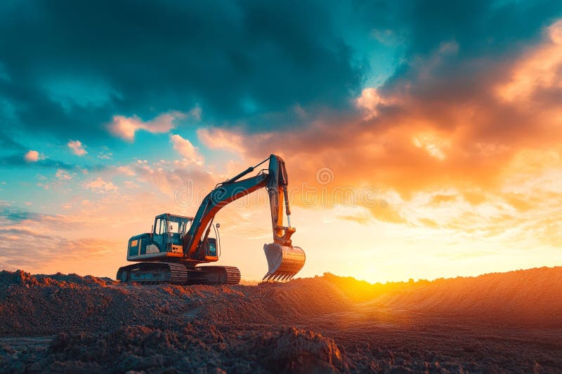Civil Engineer Infrastructure Project at Sunset Excavator Working on ...