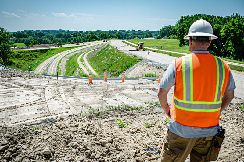 Civil Engineer Overseeing Earthwork and Paving on an Overpass ...