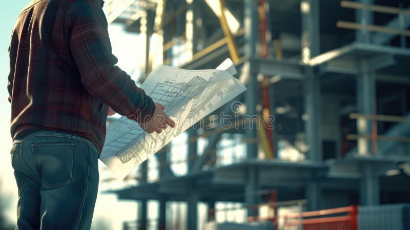 Civil Engineer Standing at Building Construction while Hold Blueprint ...