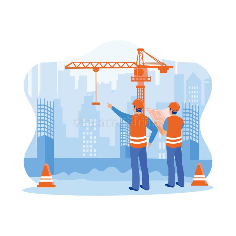 Civil Engineer Standing on a Construction Site Near a Crane. Holding ...