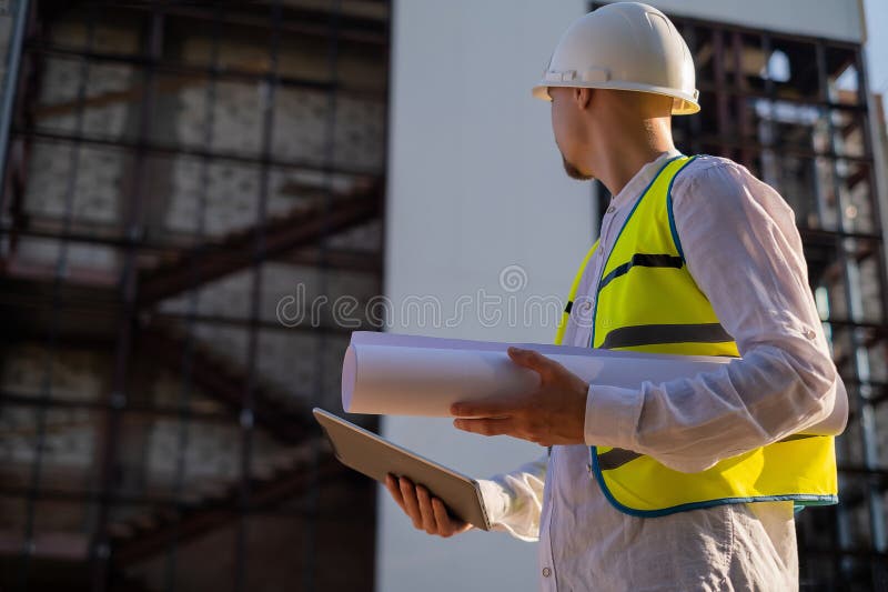 Civil Engineer Using a Tablet, Planning a Project, Builds a Modern ...