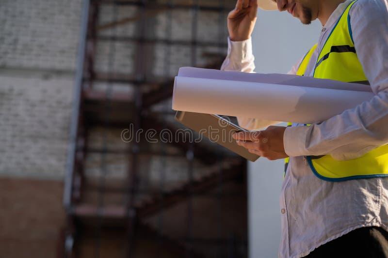 Civil Engineer Using a Tablet, Planning a Project, Builds a Modern ...