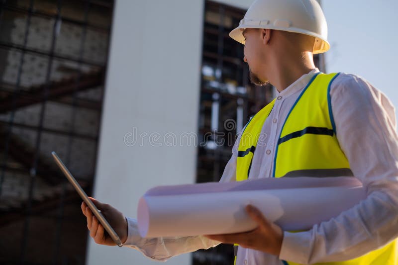 Civil Engineer Using a Tablet, Planning a Project, Builds a Modern ...