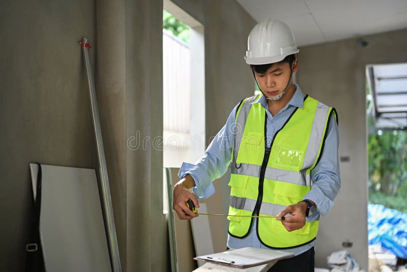 Civil Engineer Wearing Hardhat Examining Plans at Construction Site ...