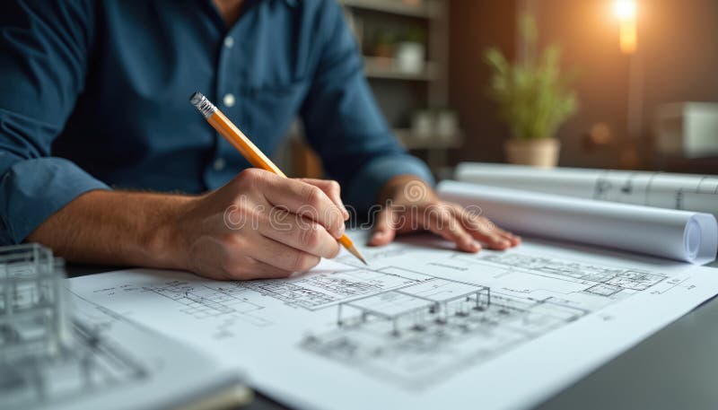 Civil Engineer Working on Blueprint Project at Construction Site. Man ...