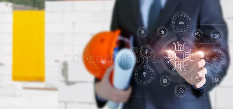 A Civil Engineer Works with a Smart Home on a Screen Stock Illustration ...