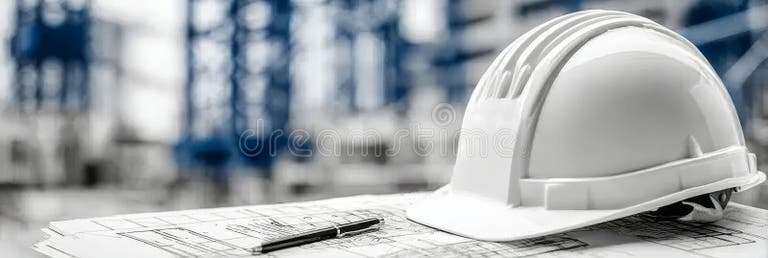 Civil Engineering Blueprints with Safety Helmet and Pencil for Complex ...