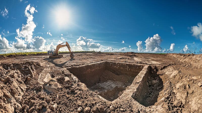 Civil Engineering Construction Site Wideangle Shot of Heavy Excavator ...