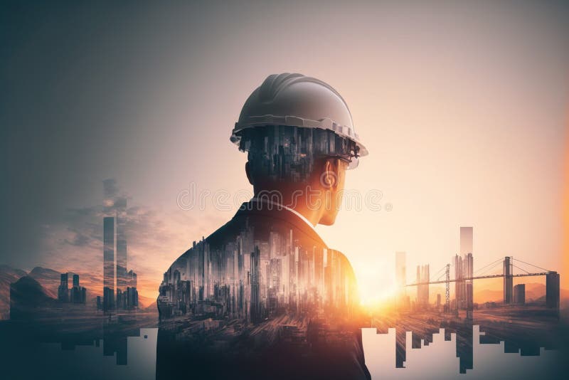 Civil Engineering Portrait Engineer with Double Exposure. Flawless ...