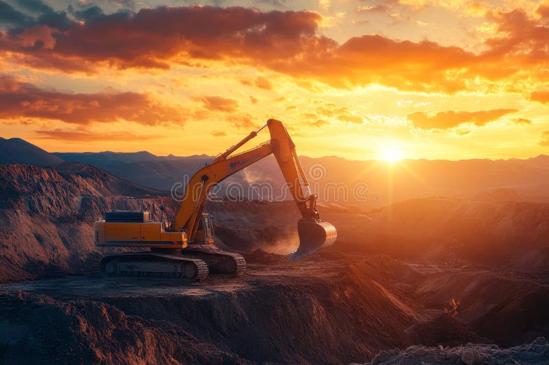 Civil Engineering Project Excavator at Work during Sunset on ...