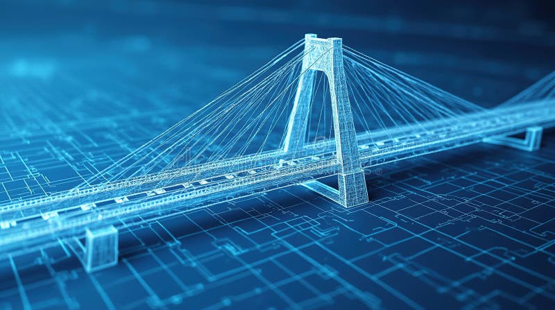 Wireframe Blueprint of Modern Bridge on Blue Background Stock ...