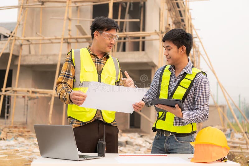 Civil Engineers Inspect Work with Walkie-talkies for Communicating with ...